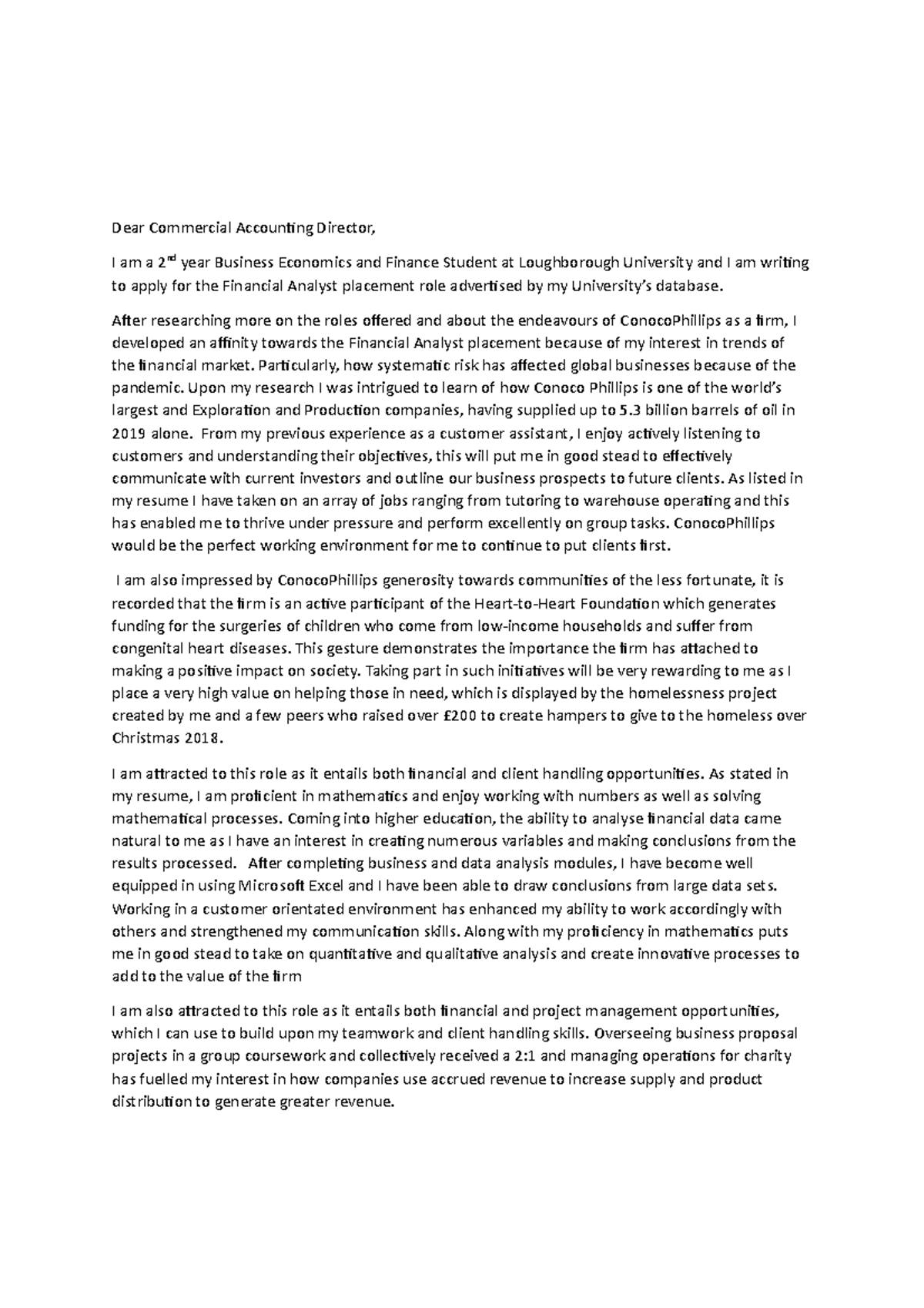 Conocophillips cover letter - Dear Commercial Accounting Director, I am ...