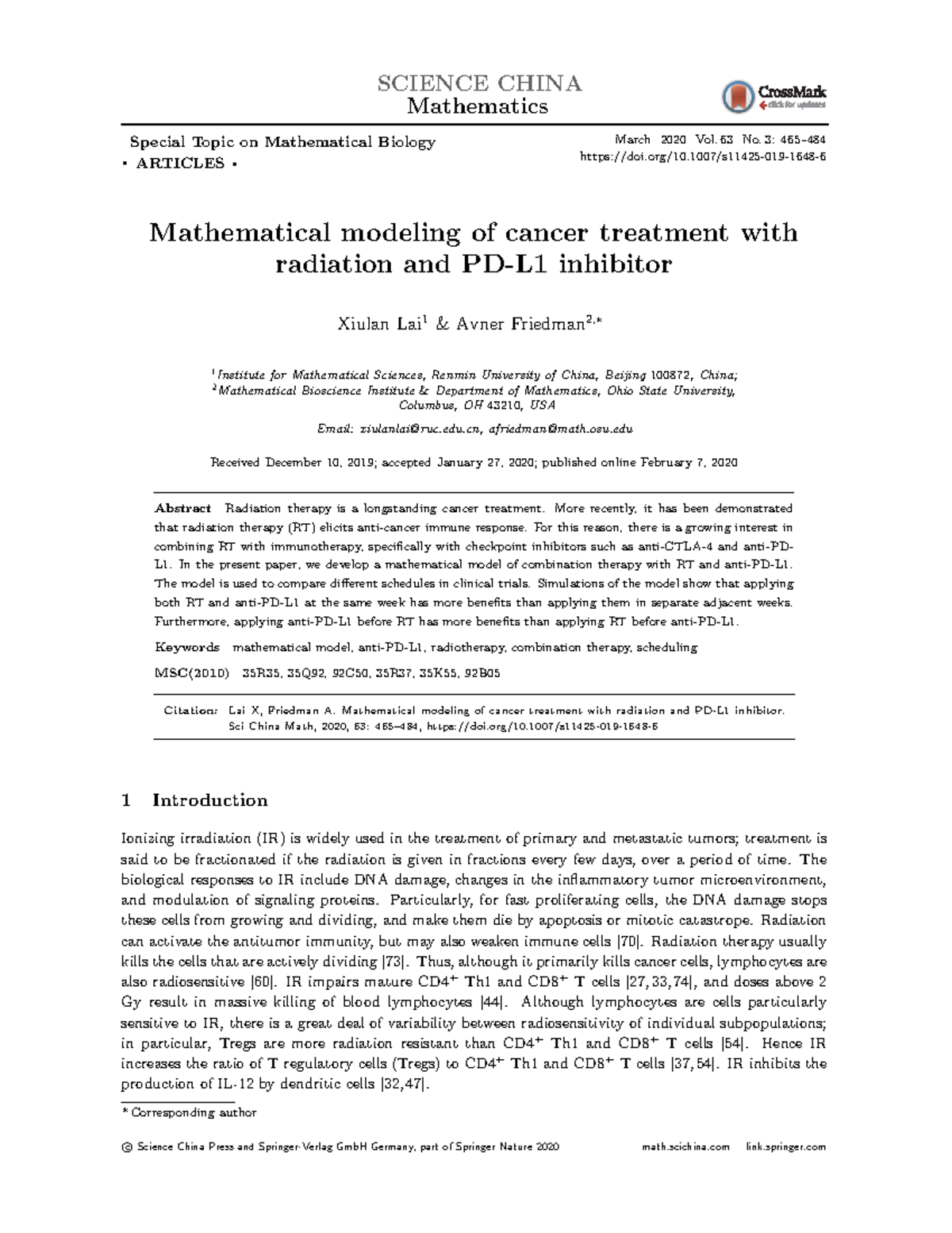China, Math Modeling combining RT with immunotherapy - SCIENCE CHINA Mathematics March 2020 Vol ...
