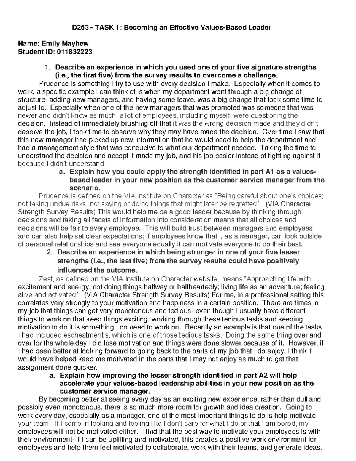 D253 Task 1 - Task 1 D253 passed - D253 - TASK 1: Becoming an Effective ...