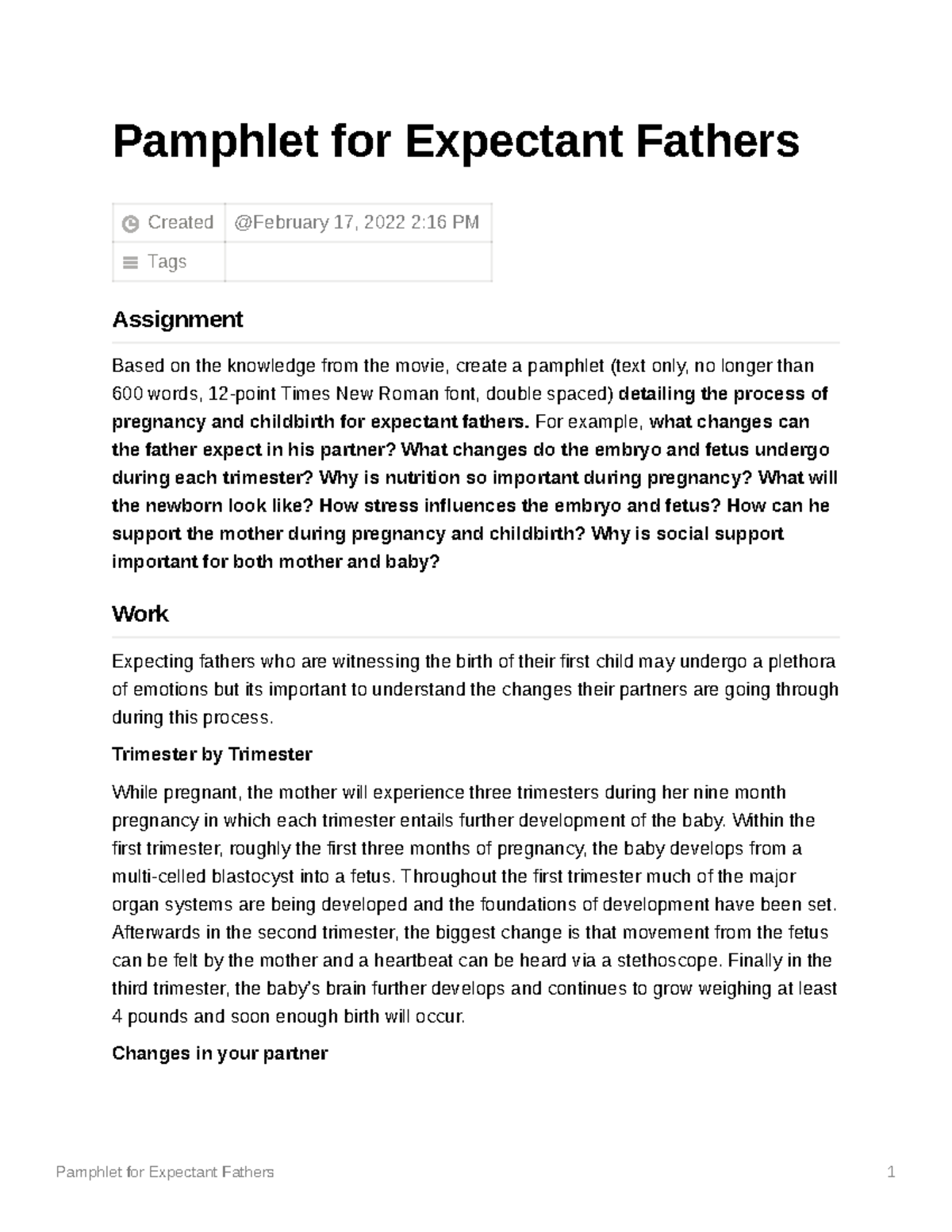 Pamphlet for Expectant Fathers - For example, what changes can the ...