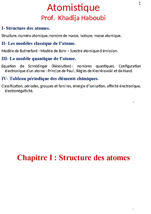 Cours Atomistique Liaison Chimique Thermochimie FST-FES 2020 - CHAPITRE I STRUCTURE DE L’ATOME O ...