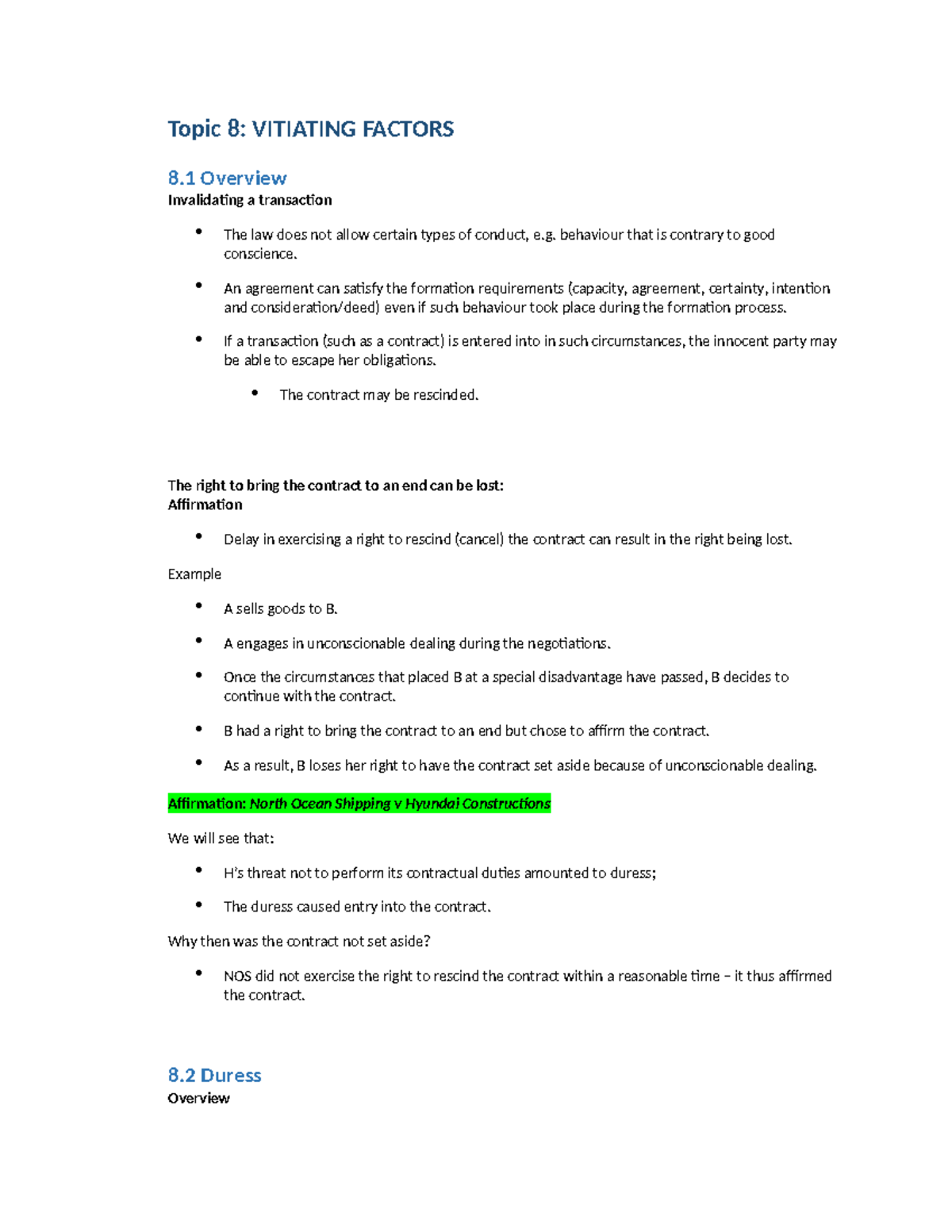 Topic 8 - notes - Topic 8: VITIATING FACTORS 8 Overview Invalidating a ...