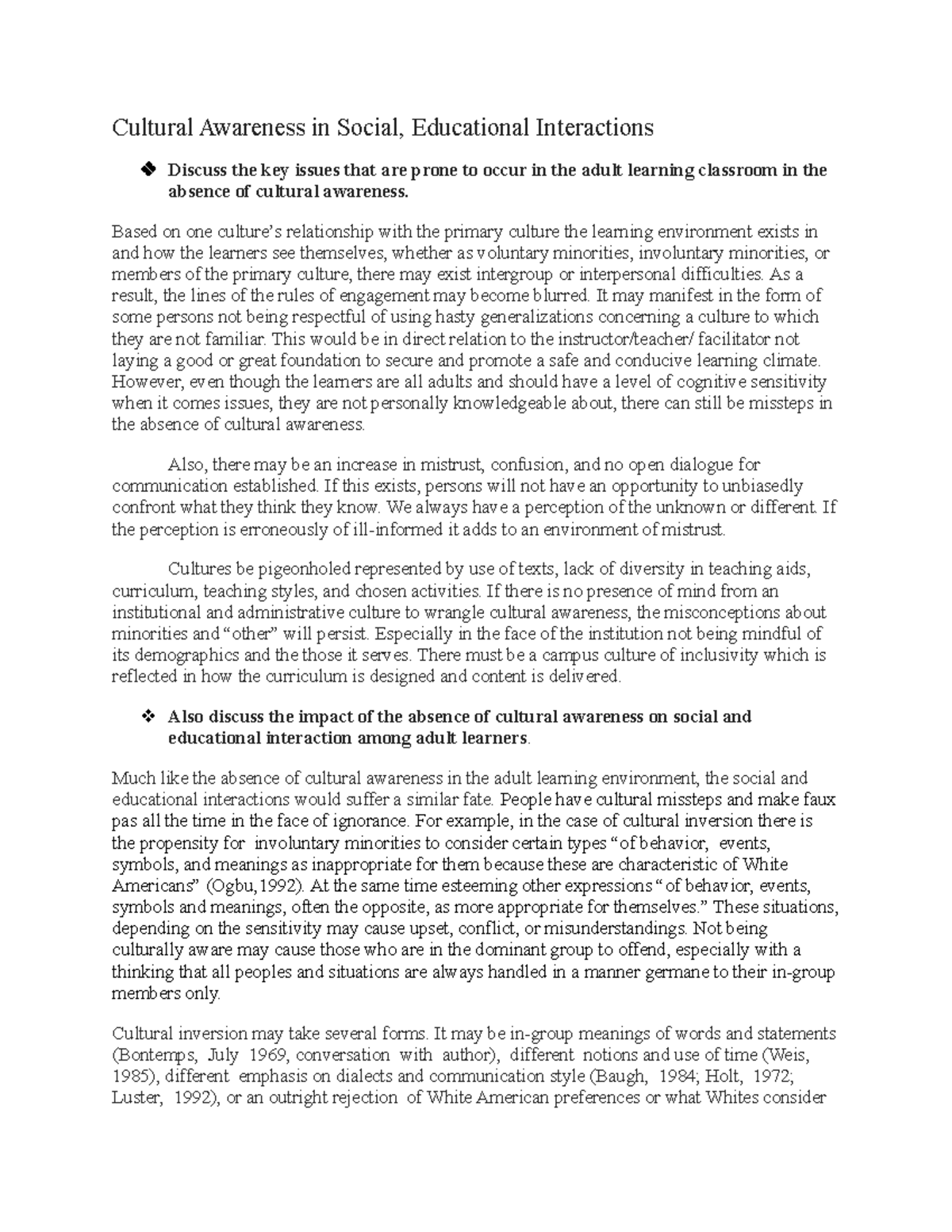 Cultural Awareness in Social Educational Interactions - Based on one ...