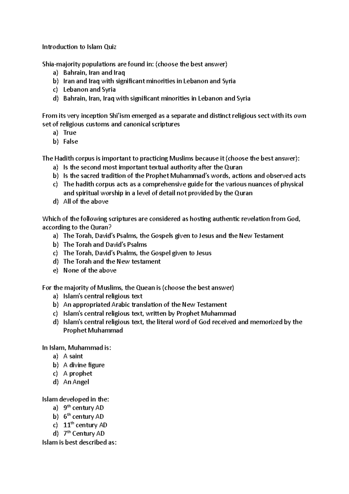 Intro Quiz Part 1 (answer key included) - Introduction to Islam Quiz ...