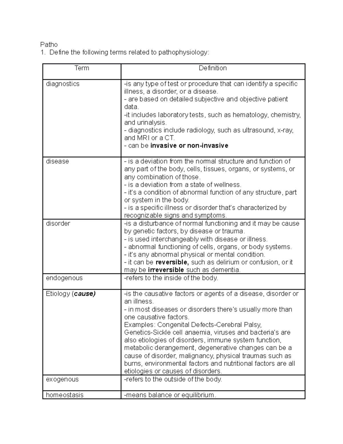 Health Sciences 2 - TEST #1 Review - Patho Define the following terms ...