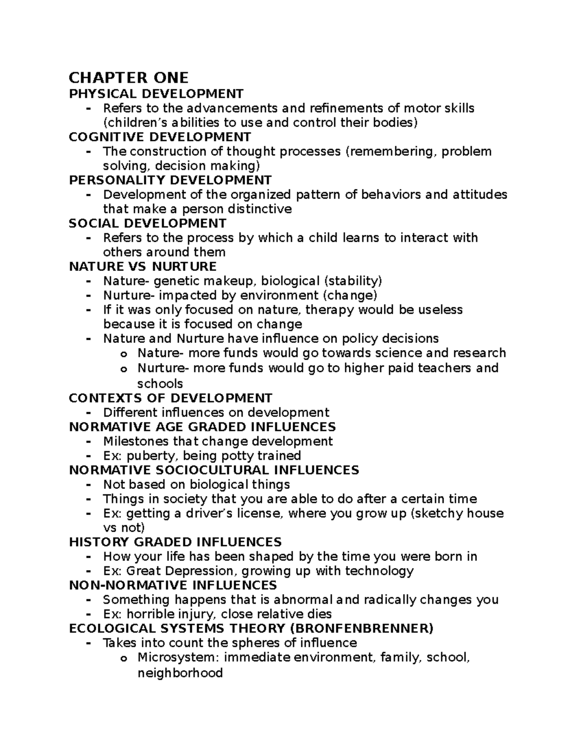 PSYC 3120 Study Guide #1 - CHAPTER ONE PHYSICAL DEVELOPMENT Refers to ...