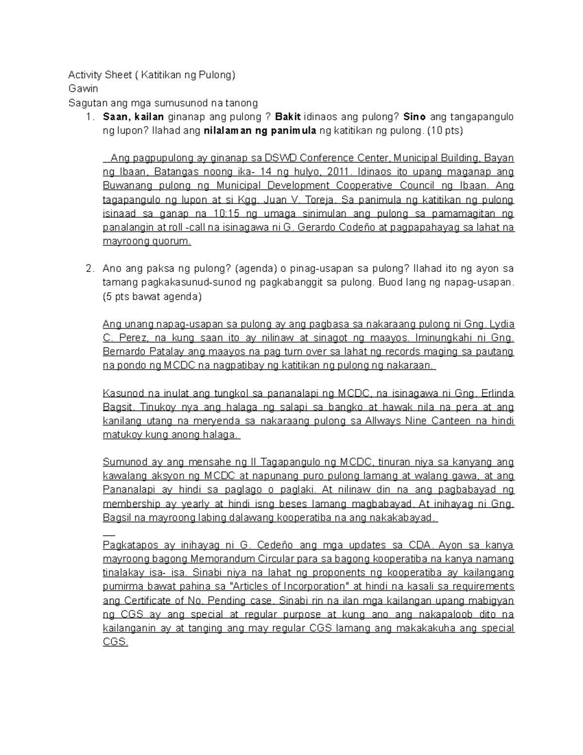 K - none - Activity Sheet ( Katitikan ng Pulong) Gawin Sagutan ang mga ...