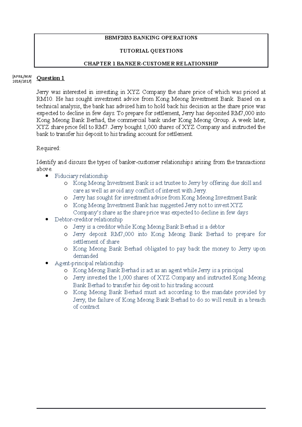 Tutorial 1 Banker-Customer Relationship (Banking Operation) - BBMF2033 ...