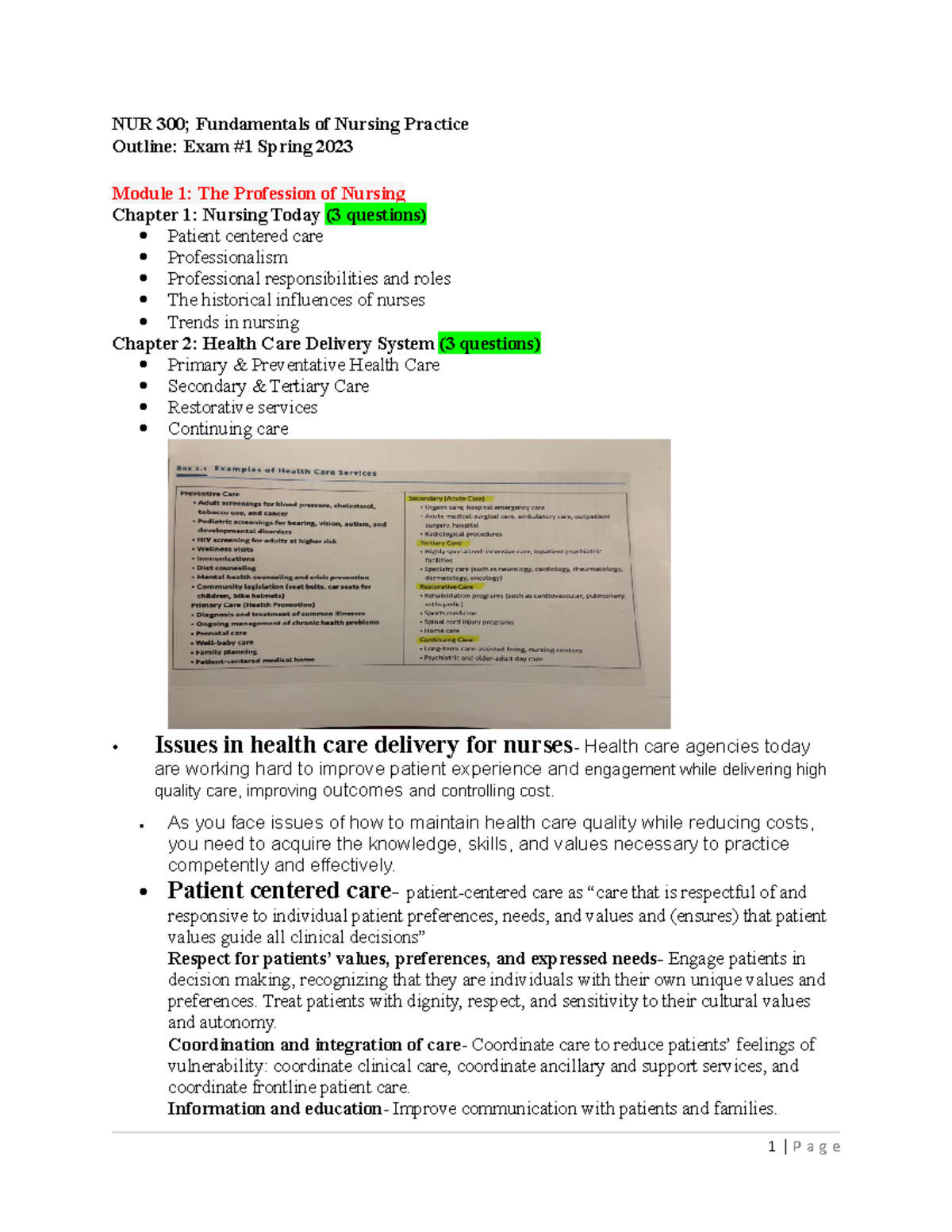 Outline for Exam 1 NUR 300 Spring 2023 2 - NUR 300; Fundamentals of ...