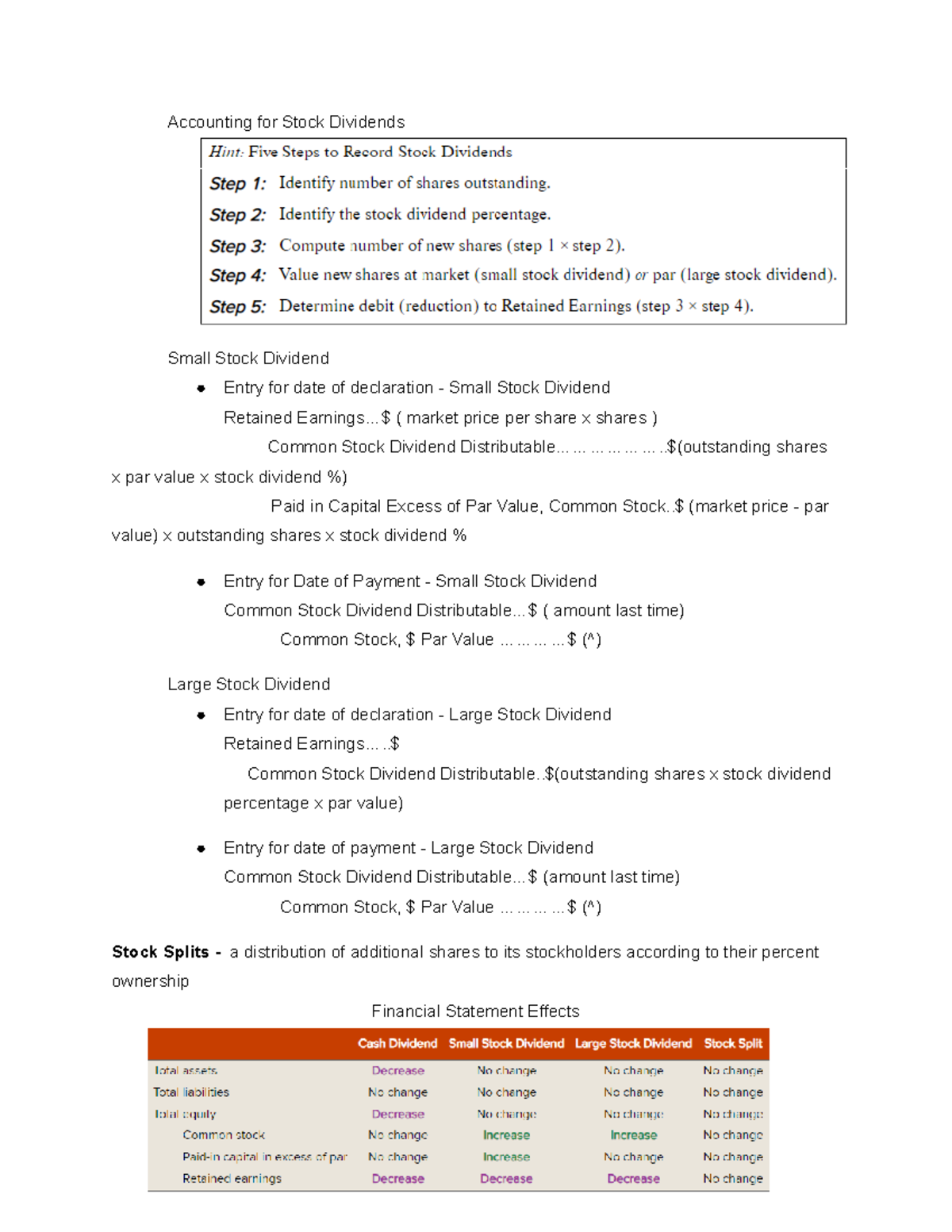 Dividends notes pg2 - Accounting for Stock Dividends Small Stock ...