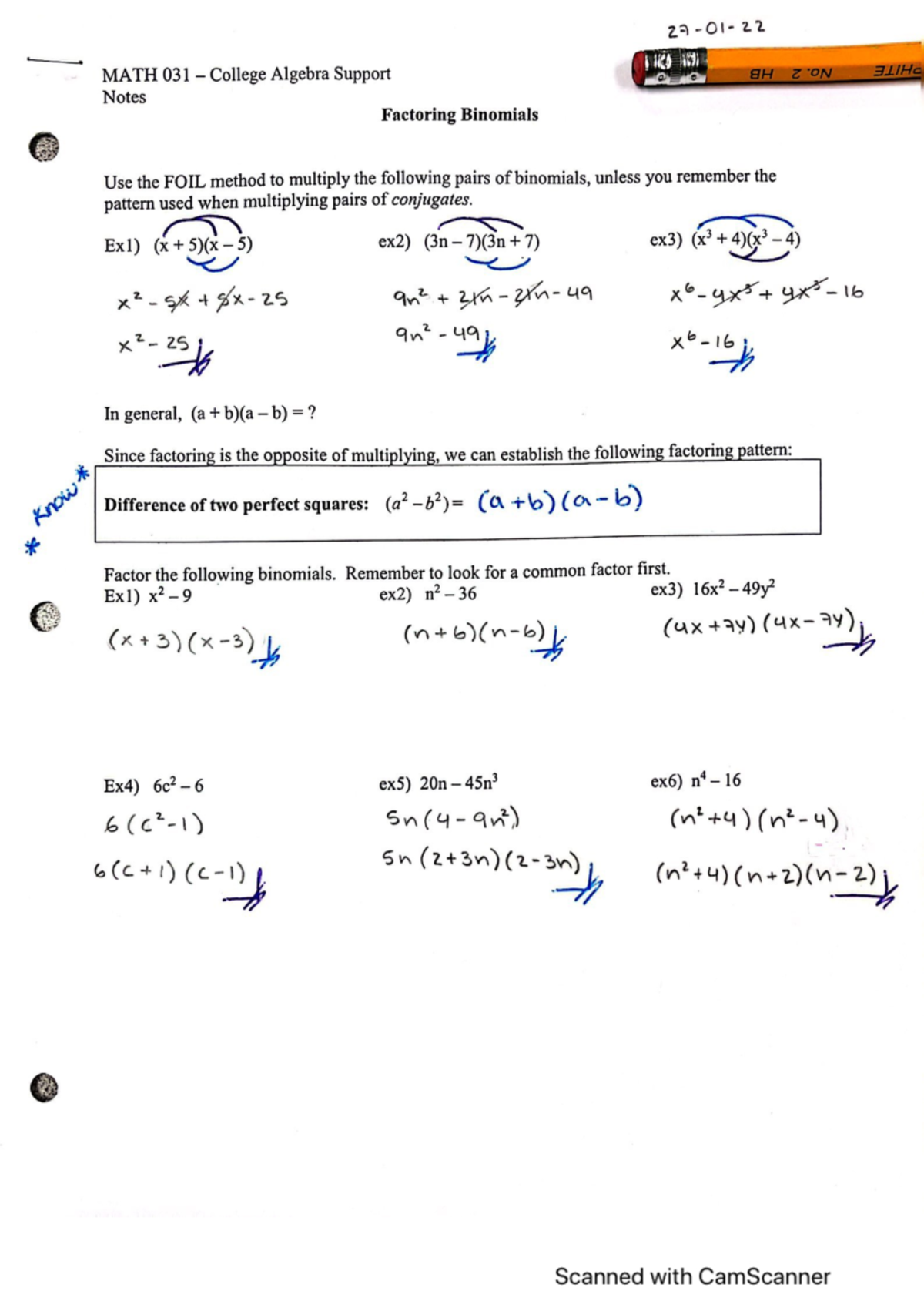 Math 031 Factoring Binomials - MATH 031 - Studocu