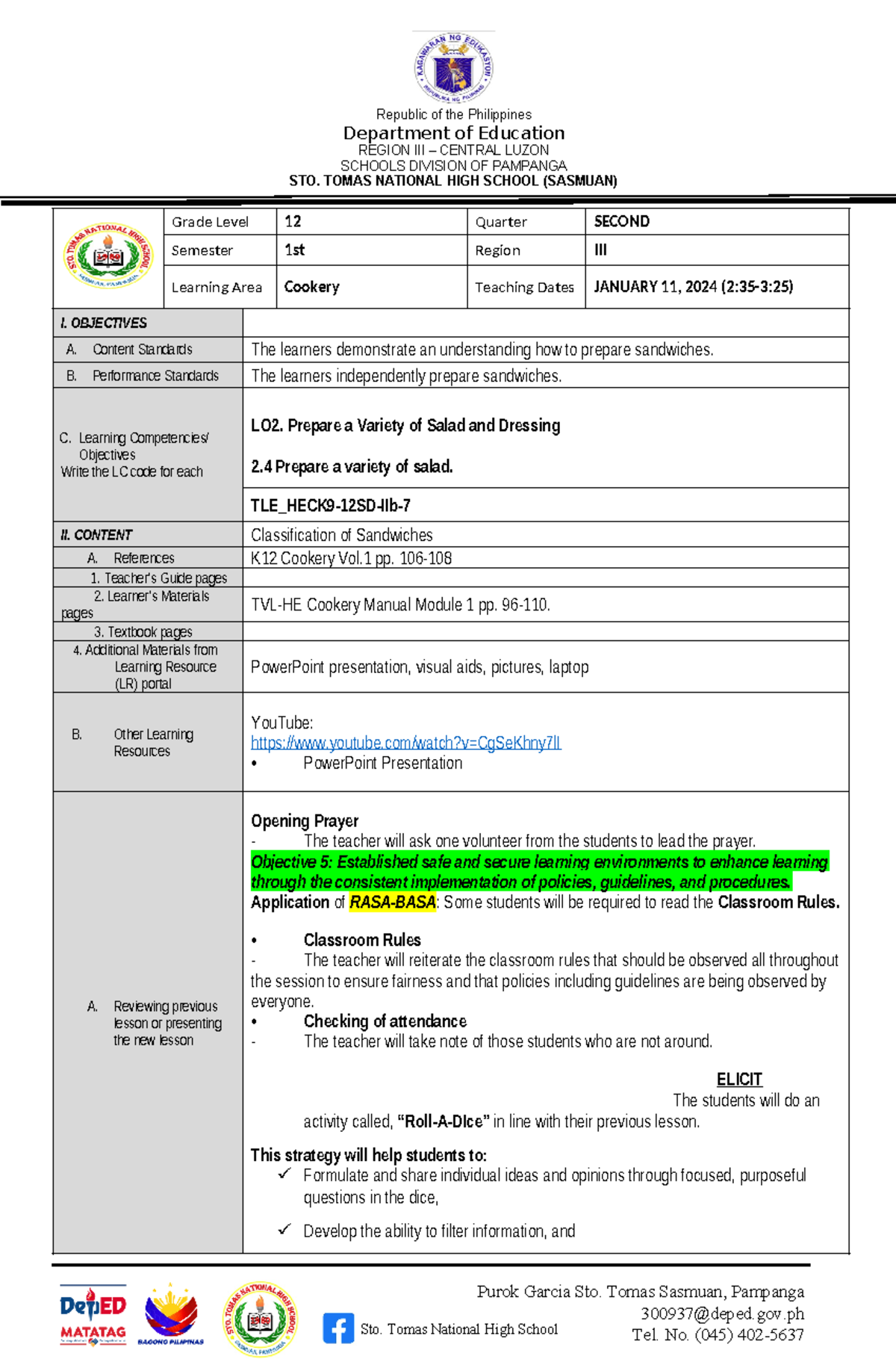 COT2 Cookery - Exemplar - Purok Garcia Sto. Tomas Sasmuan, Pampanga ...