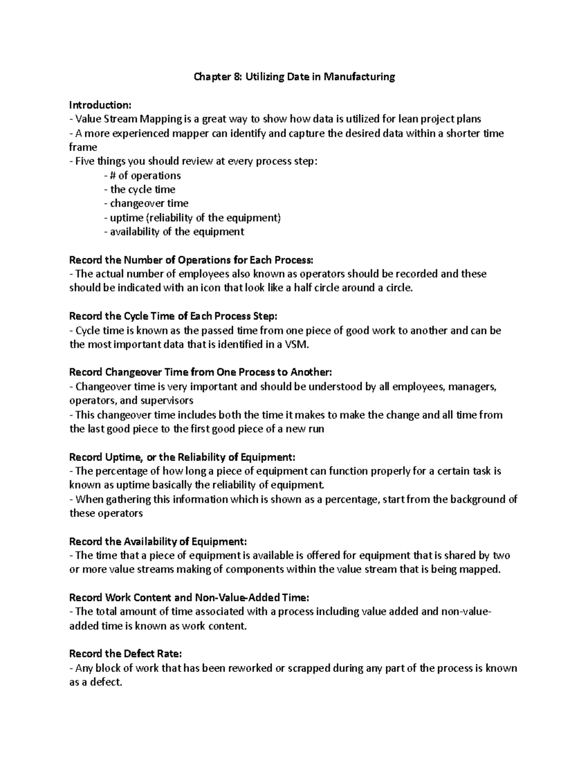 Assignment #4 Chapter 8 Summary - Chapter 8: Utilizing Date in Manufacturing Introduction: Value ...