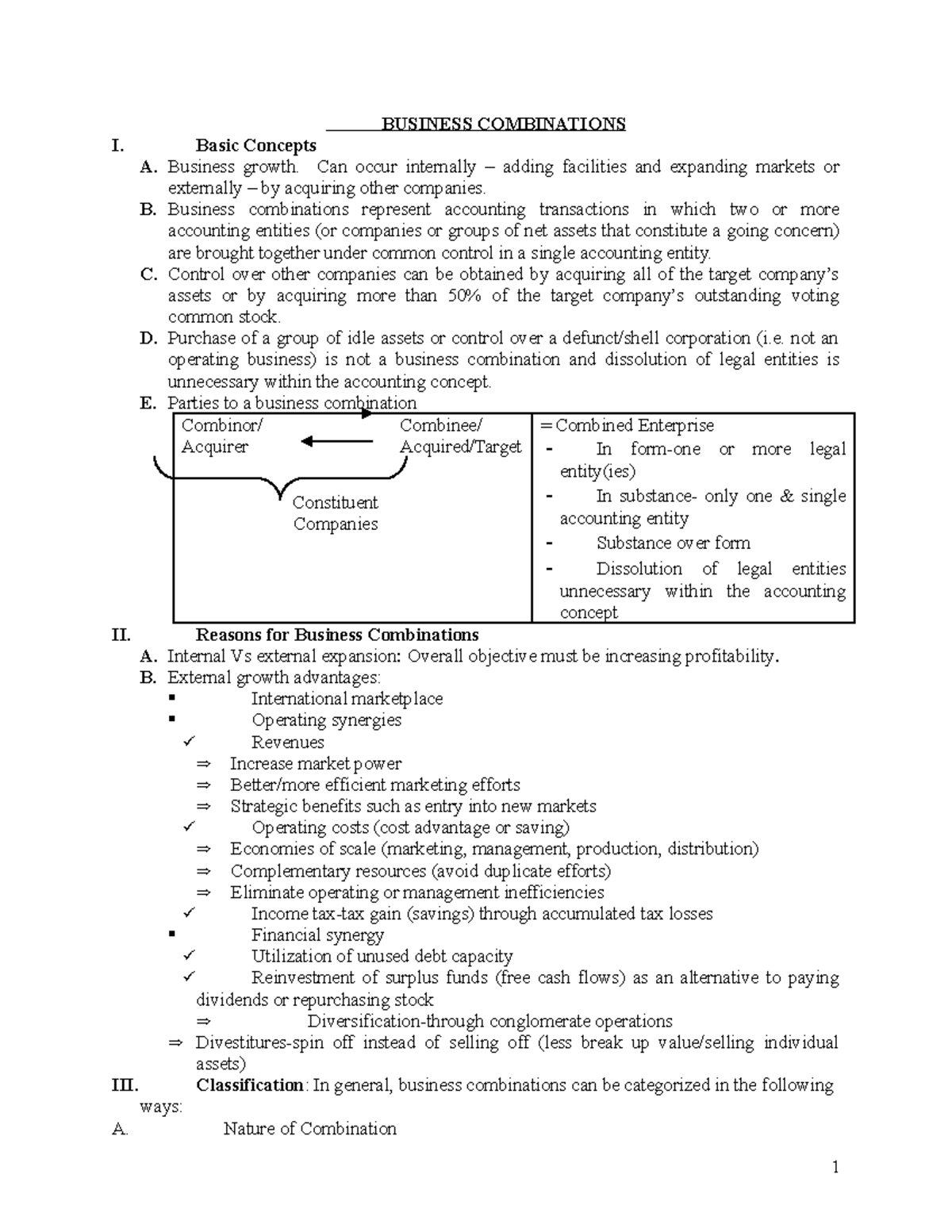 Biss Comb - Lecture notes 1,2 - BUSINESS COMBINATIONS I. Basic Concepts ...