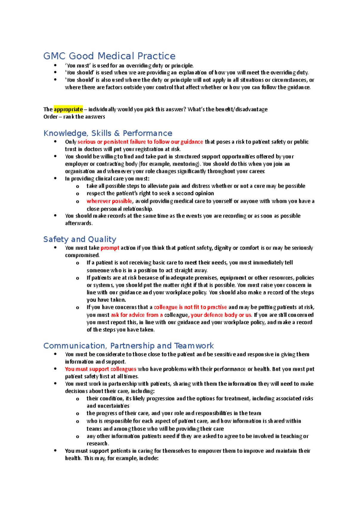 GMC Text Summaries - yeah - GMC Good Medical Practice ‘You must’ is ...
