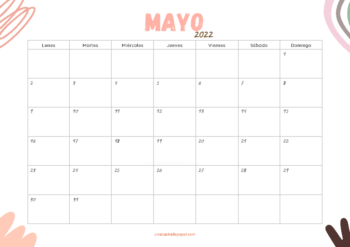 Calendario Mayo 2022 Una Casita De Papel - Martes Miércoles Jueves ...