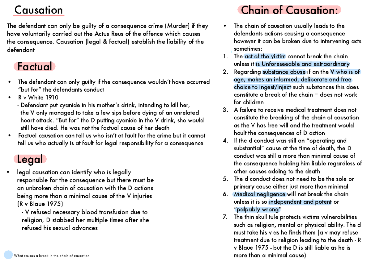 Causation mindmap - Causation • The defendant can only guilty if the ...