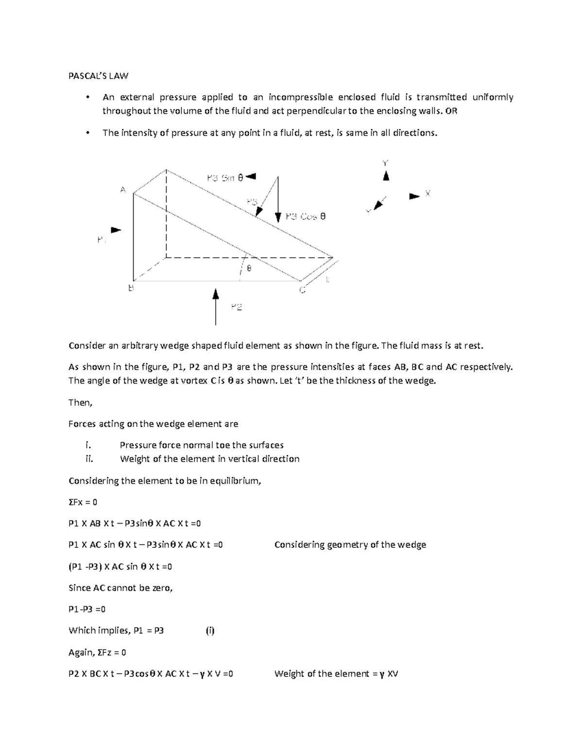 Chapter-2 - note - PASCAL’S LAW An external pressure applied to an ...