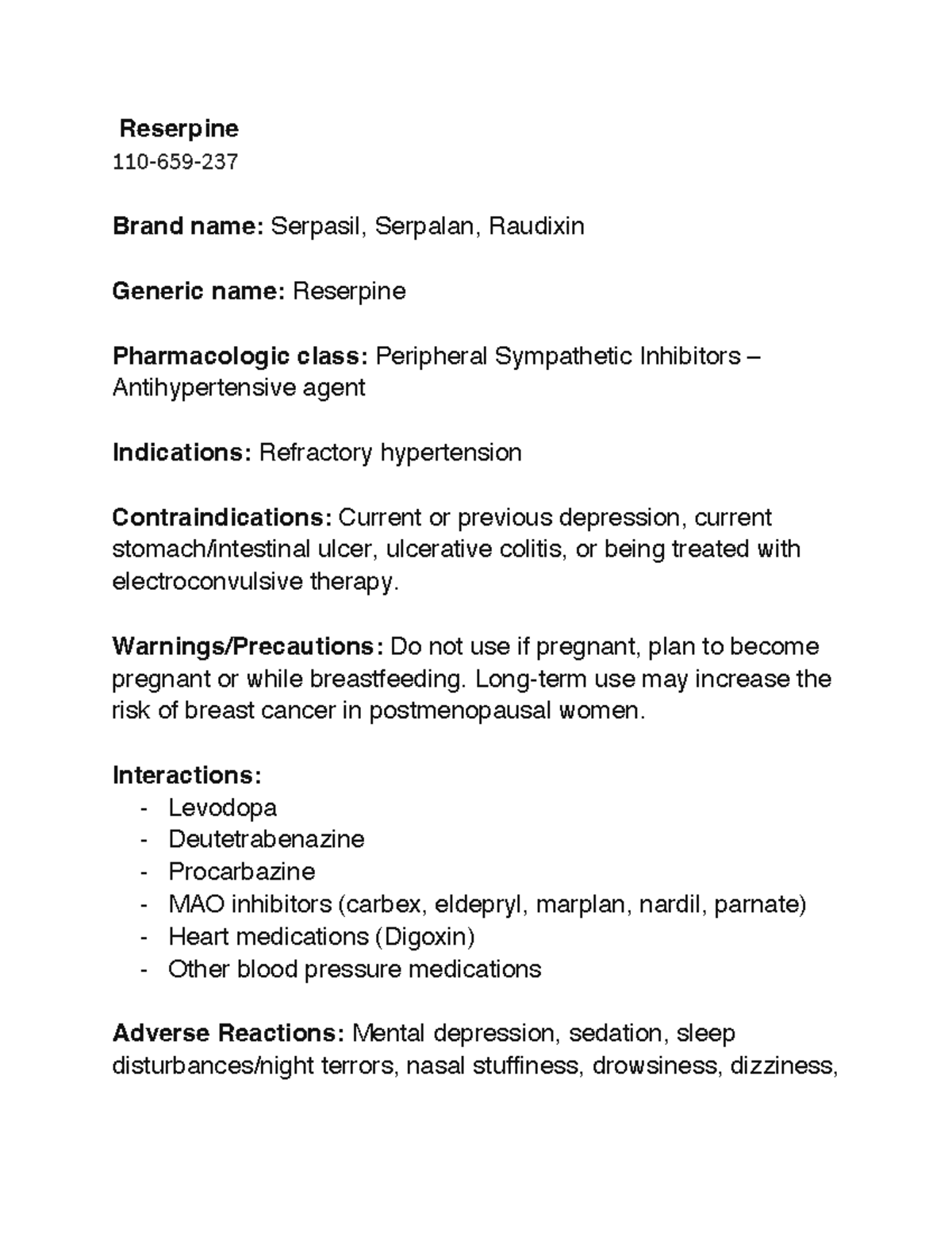 Reserpine - MOA, CI, SE, indications, etc. - Reserpine 110-659- Brand ...