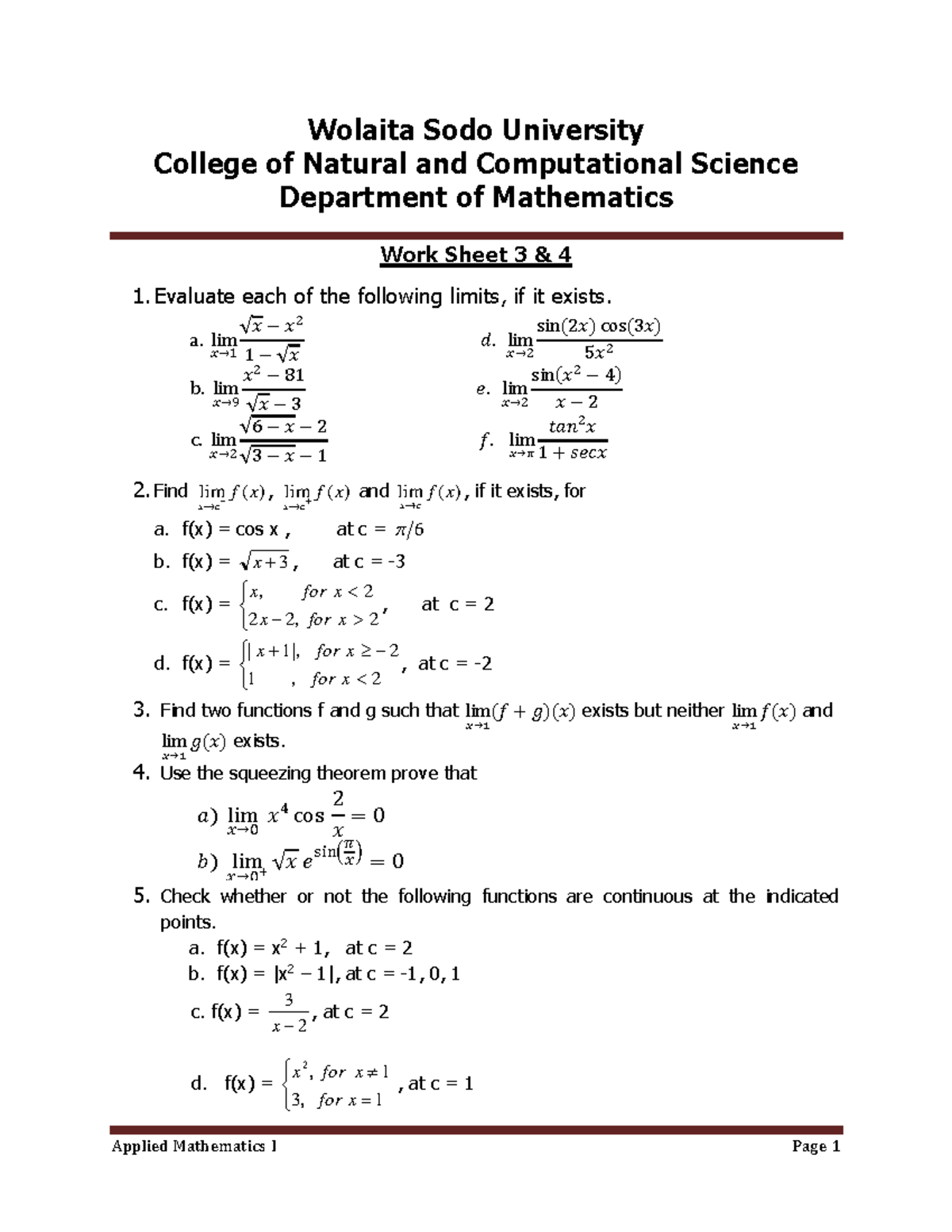 WORK Sheet 3 & 4 - Applied Mathematics I Page 1 Wolaita Sodo University ...