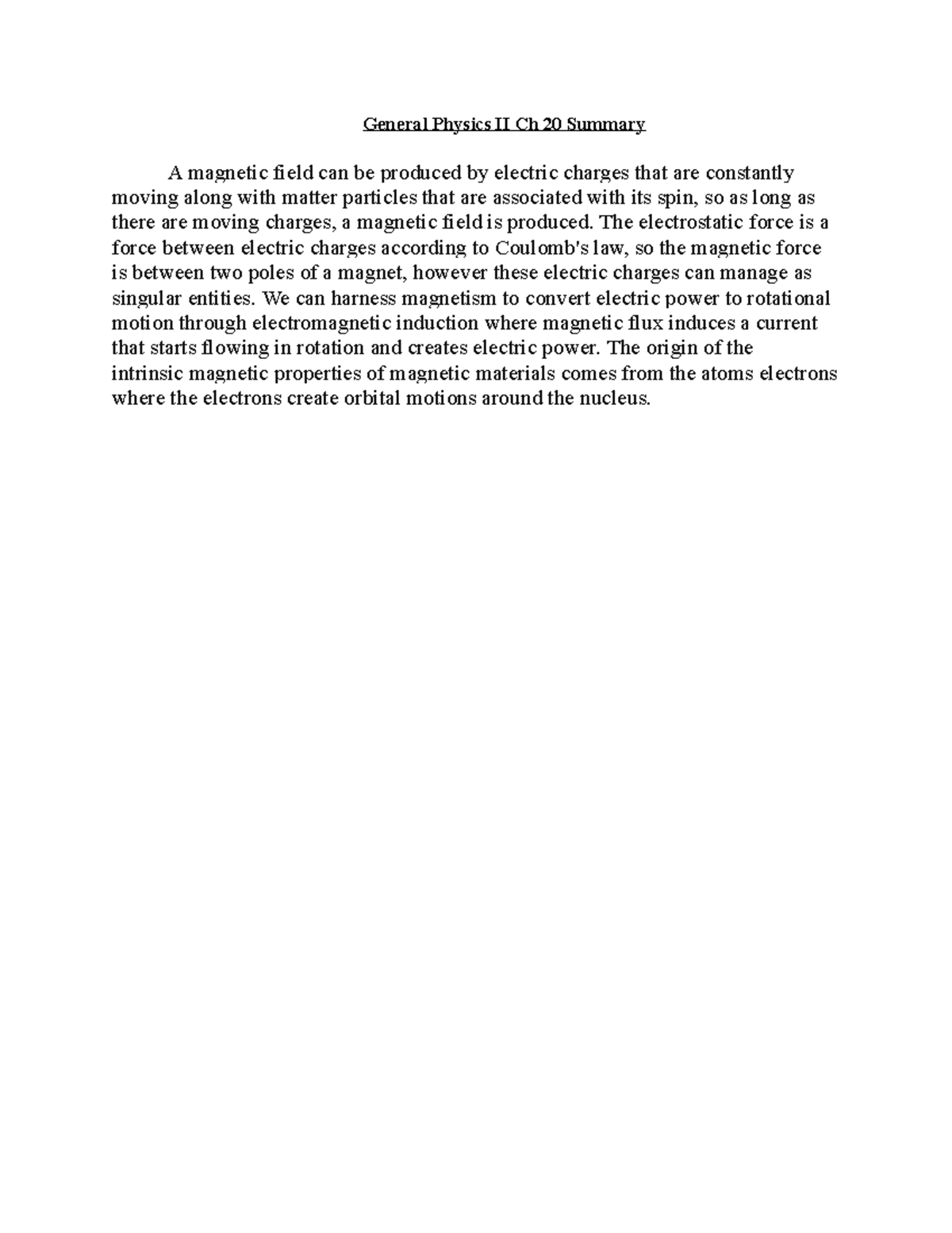 General Physics II Ch 20 Summary - General Physics II Ch 20 Summary A ...