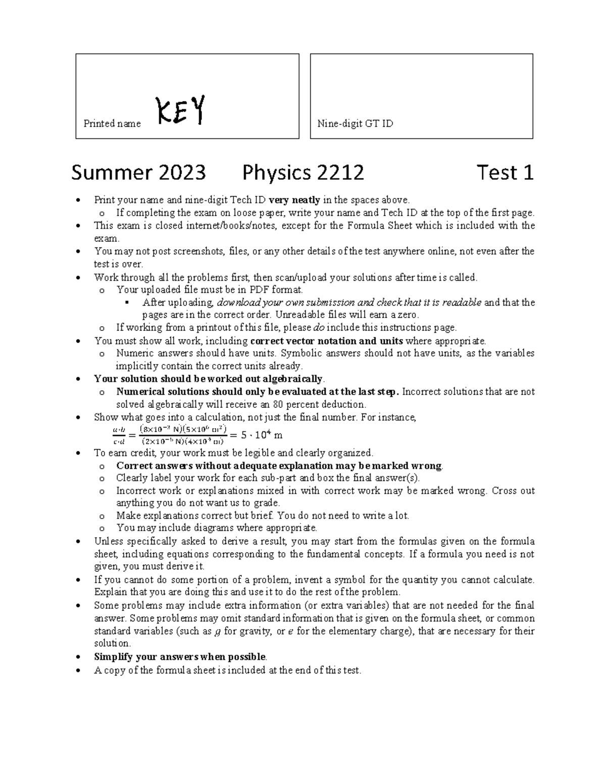 P2212 2023su Test 1 key - Test example - Summer 2023 Physics 2212 Test ...