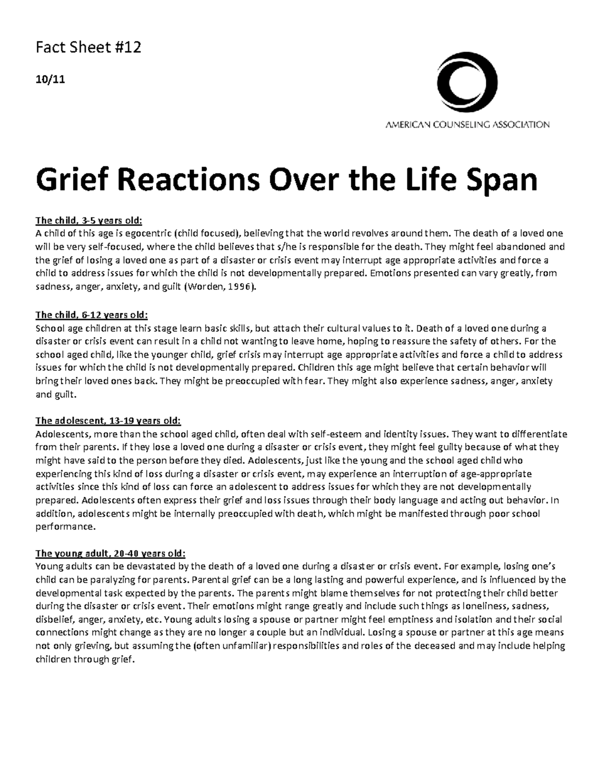Grief Reactions Over the Life Span - Fact Sheet 10/ Grief Reactions ...