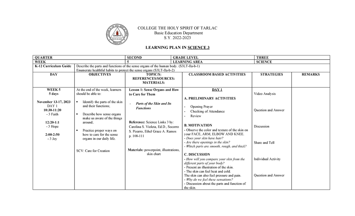 Science 3 day 1 - LESSON PLAN - COLLEGE THE HOLY SPIRIT OF TARLAC Basic ...