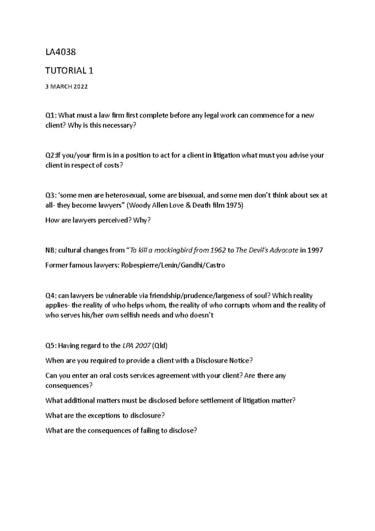 LA4038.Turorial 1 docx - LA TUTORIAL 1 3 MARCH 2022 Q1: What must a law ...