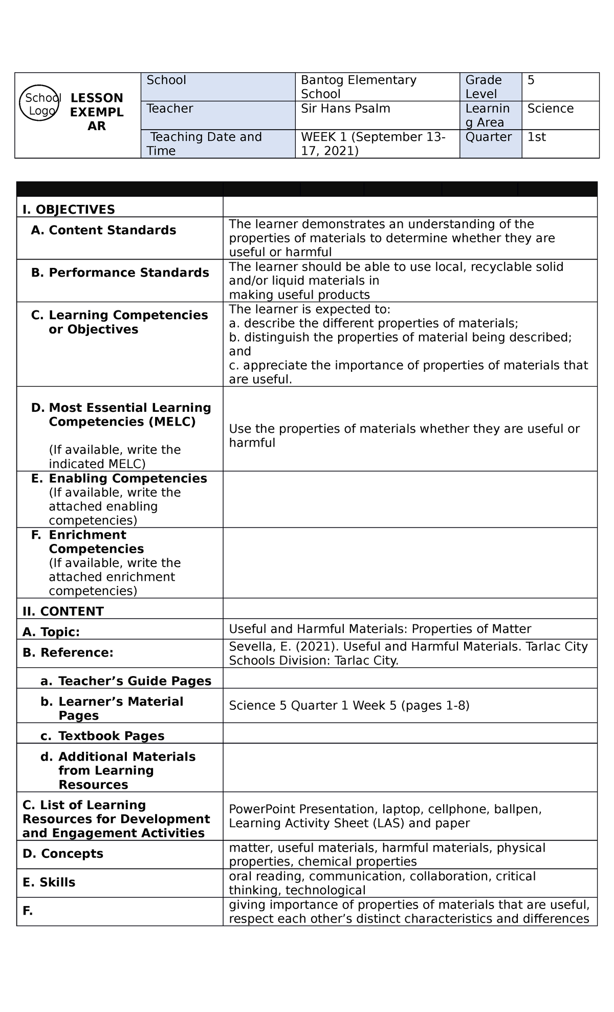 Science 5 Q1 Week 1 Lesson Exemplar - School Bantog Elementary School ...