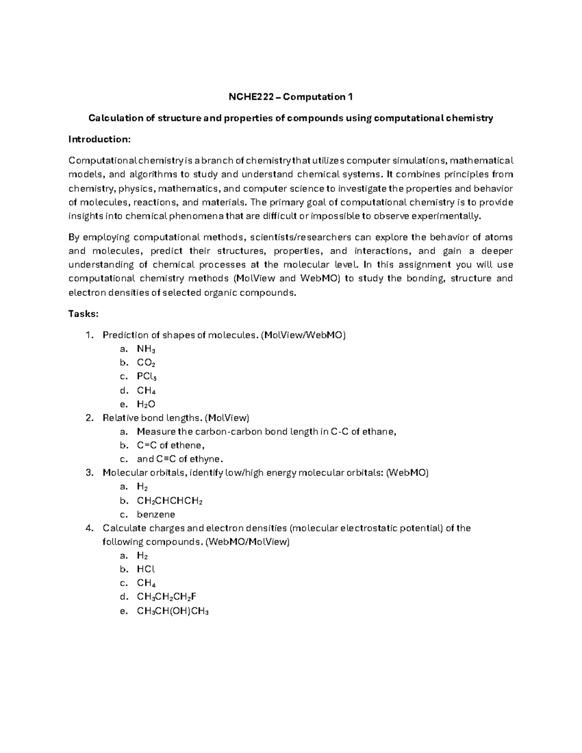 Computation 1 Online Assignment Nche222 Computation 1 Calculation Of Structure And