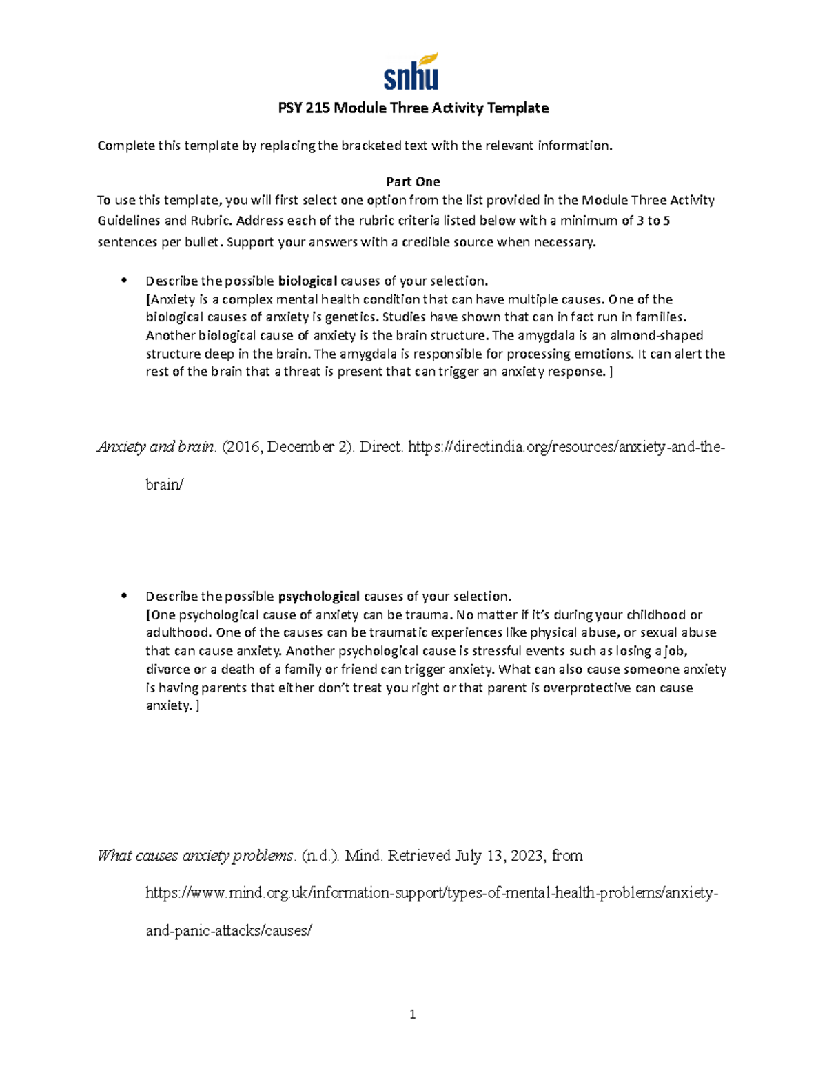 PSY 215 Module Three Activity Template - PSY 215 Module Three Activity ...