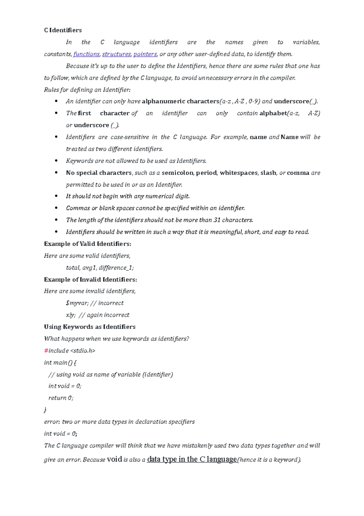 C Ntes - notes - C Identifiers In the C language identifiers are the ...