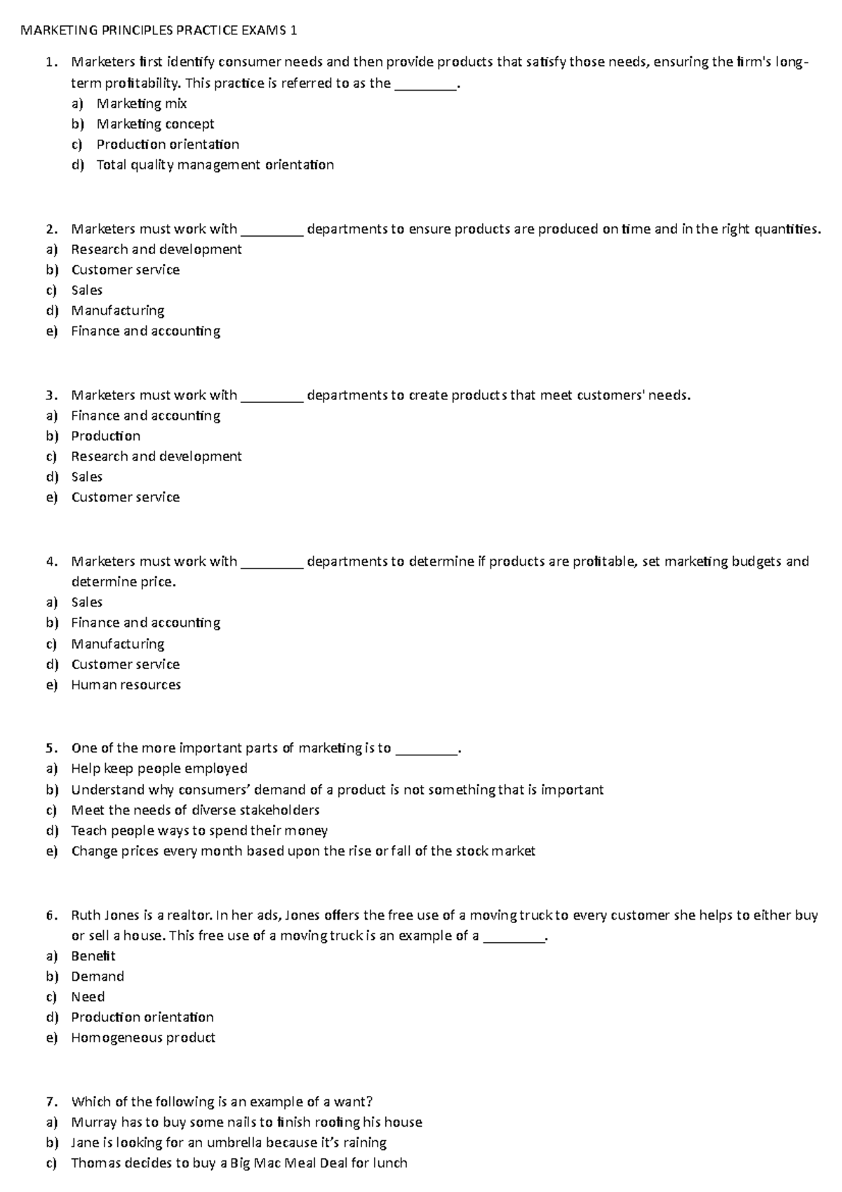 Practice exam 1 4 June 2017, questions - MARKETING PRINCIPLES PRACTICE ...