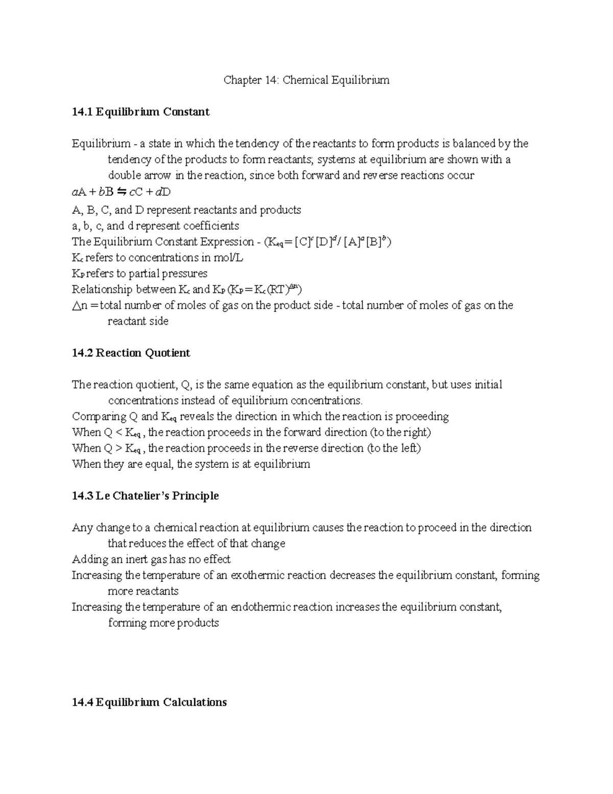 Chemistry Lecture Notes Chapter 14 - Chapter 14: Chemical Equilibrium ...
