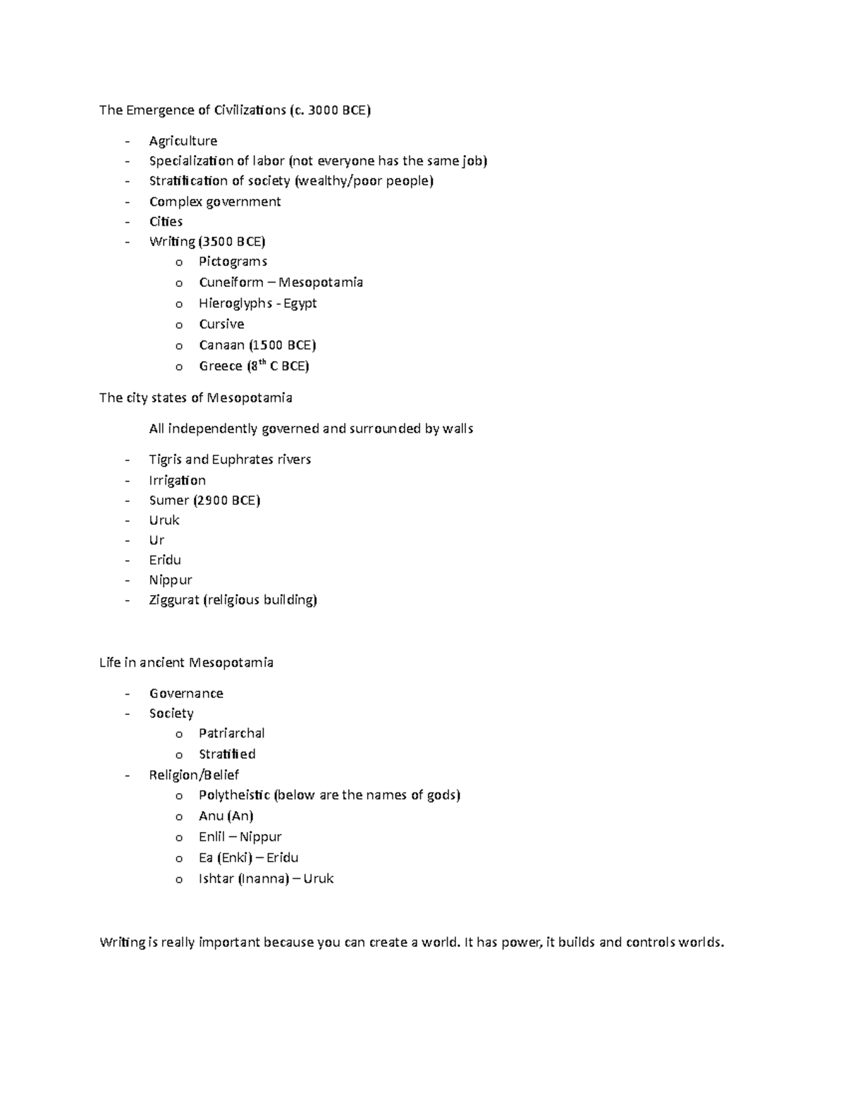 Exam 1 notes - Amy Bosworth - The Emergence of Civilizations (c. 3000 ...