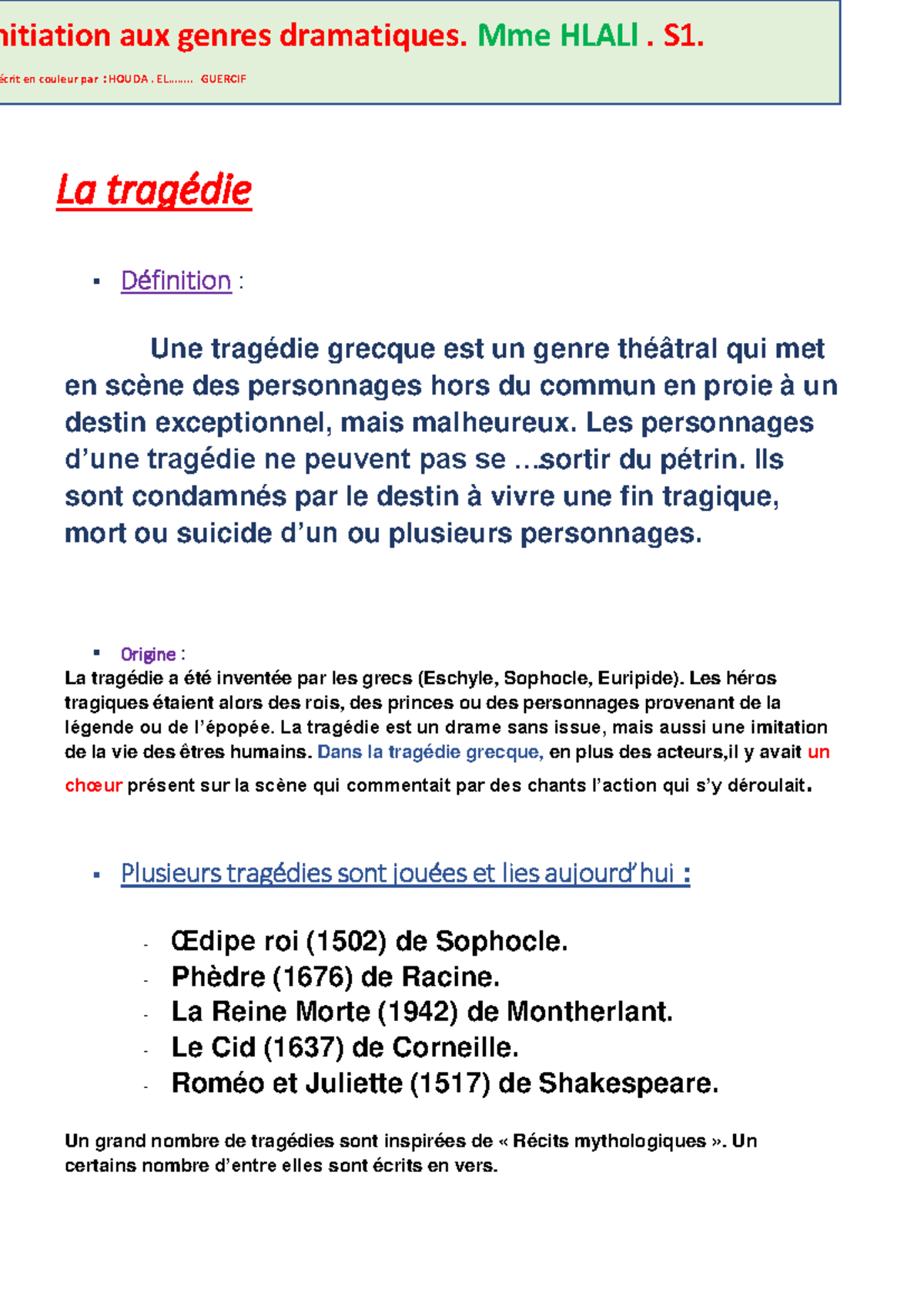 Résumé ...initiation aux genres dramatiques - La tragédie Définition ...