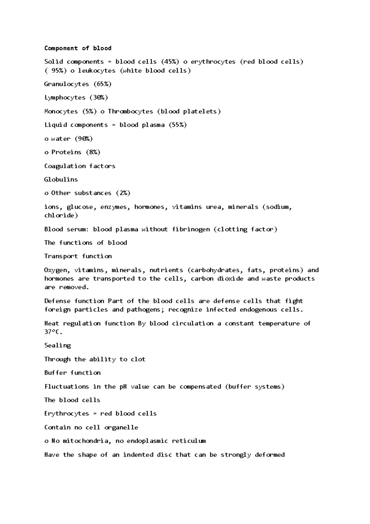 Component of blood - Lecture notes 1 - Component of blood Solid ...