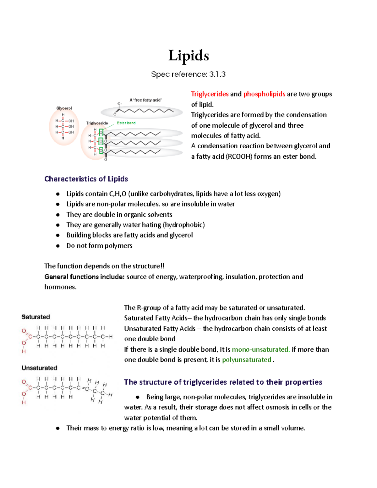 3 - Biology AQA: Topic 1 (Lipids) - Lipids Spec reference: 3 ...