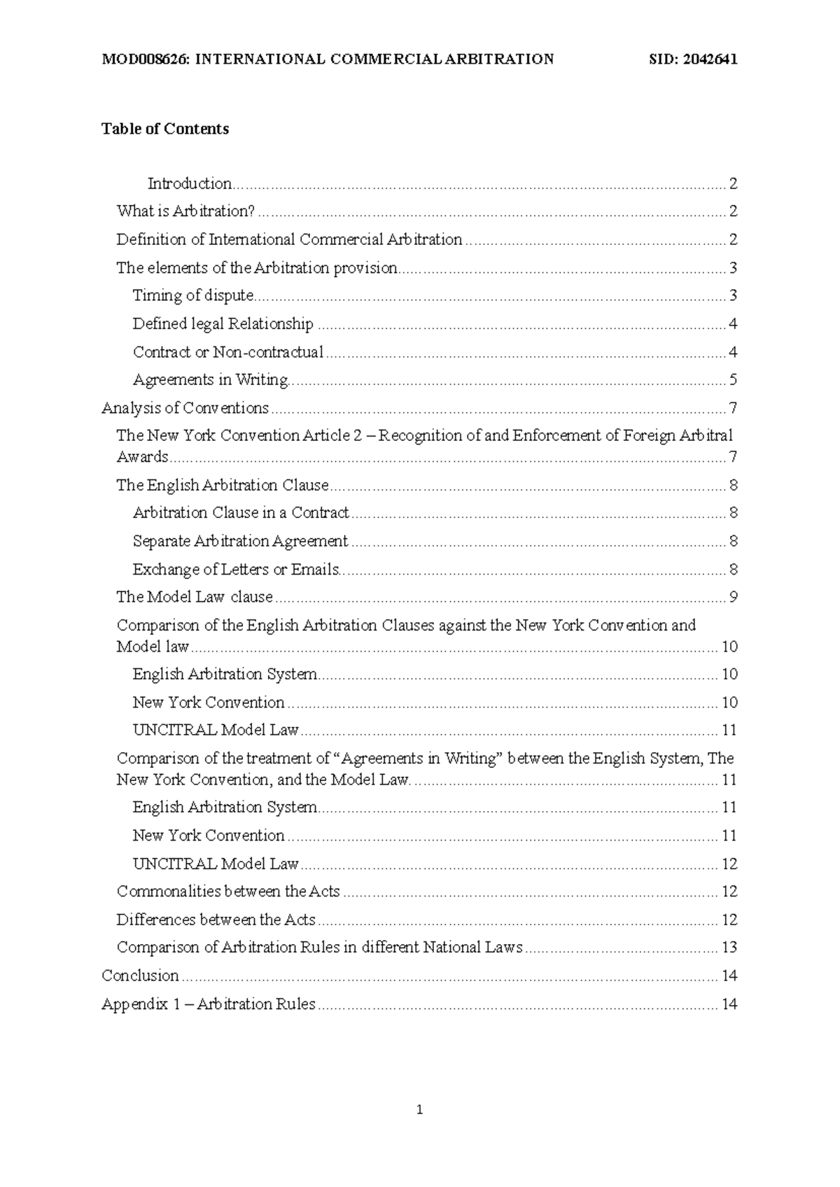 International Commerical Arbitration Assignment - Table of Contents ...