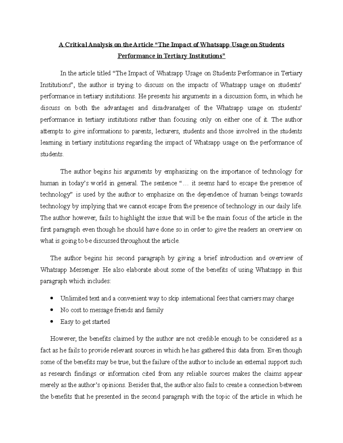 A Critical Analysis on the Article - He presents his arguments in a ...