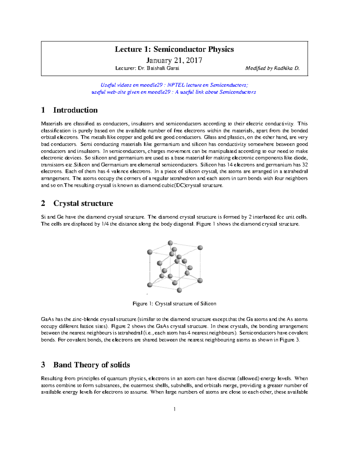 Semiconductor - addadadada - Lecture 1: Semiconductor Physics January 21, 2017 Lecturer: Dr ...