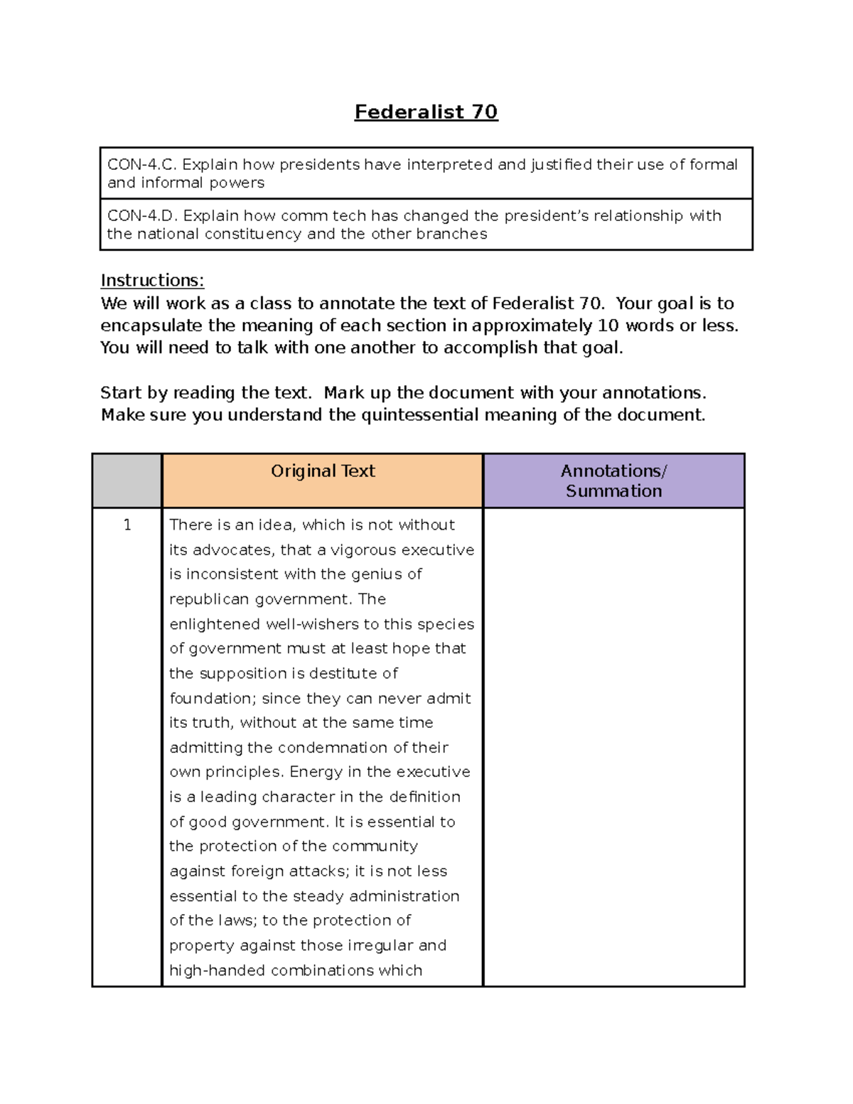 Federalist 70 Annotations and Summations student full document ...