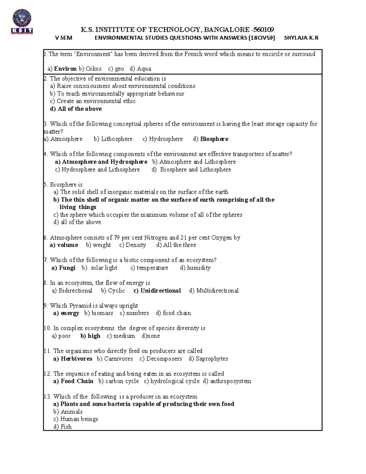 EVS Notes First Internals - V SEM ENVIRONMENTAL STUDIES QUESTIONS WITH ...