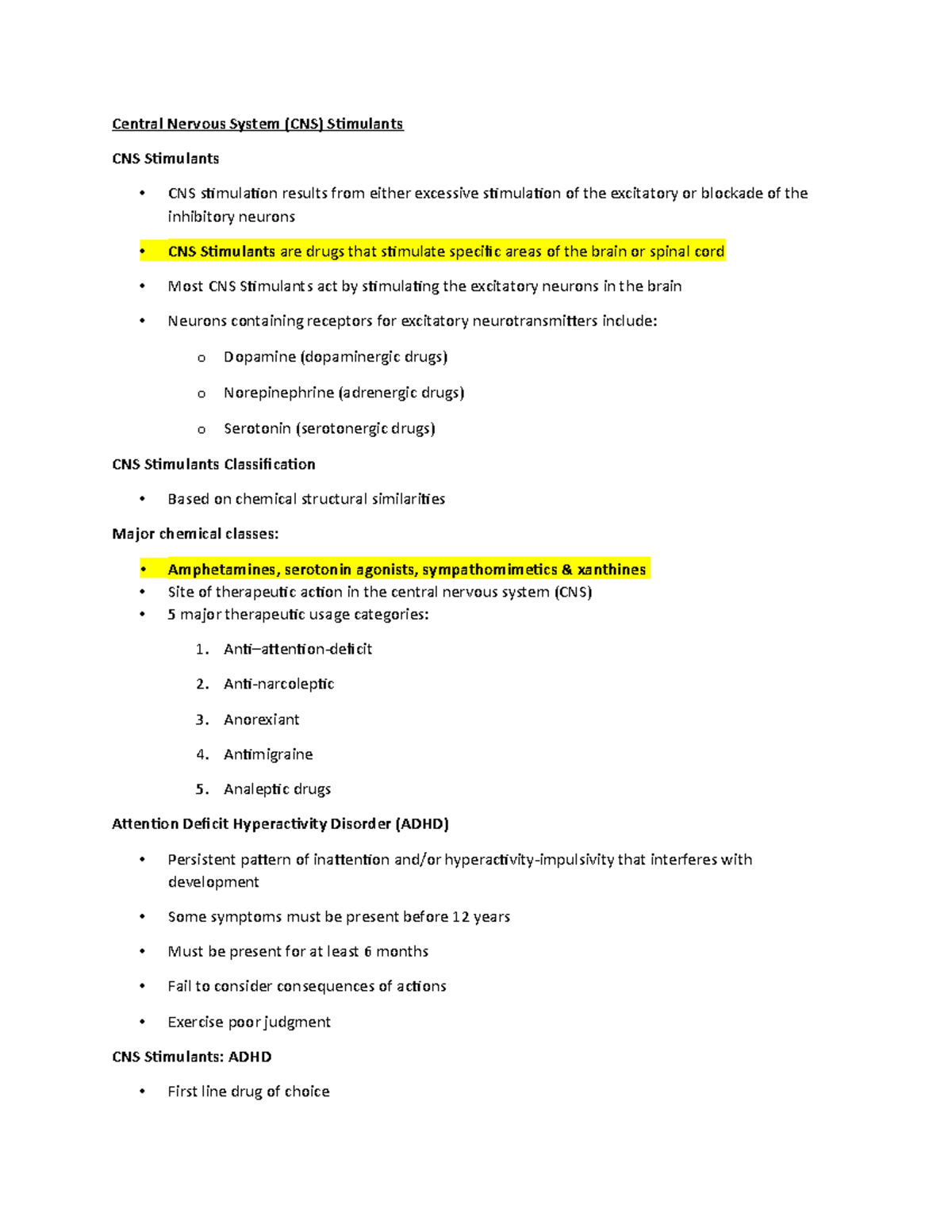 CNS Stimulants ADHD - Lecture notes - Central Nervous System (CNS ...