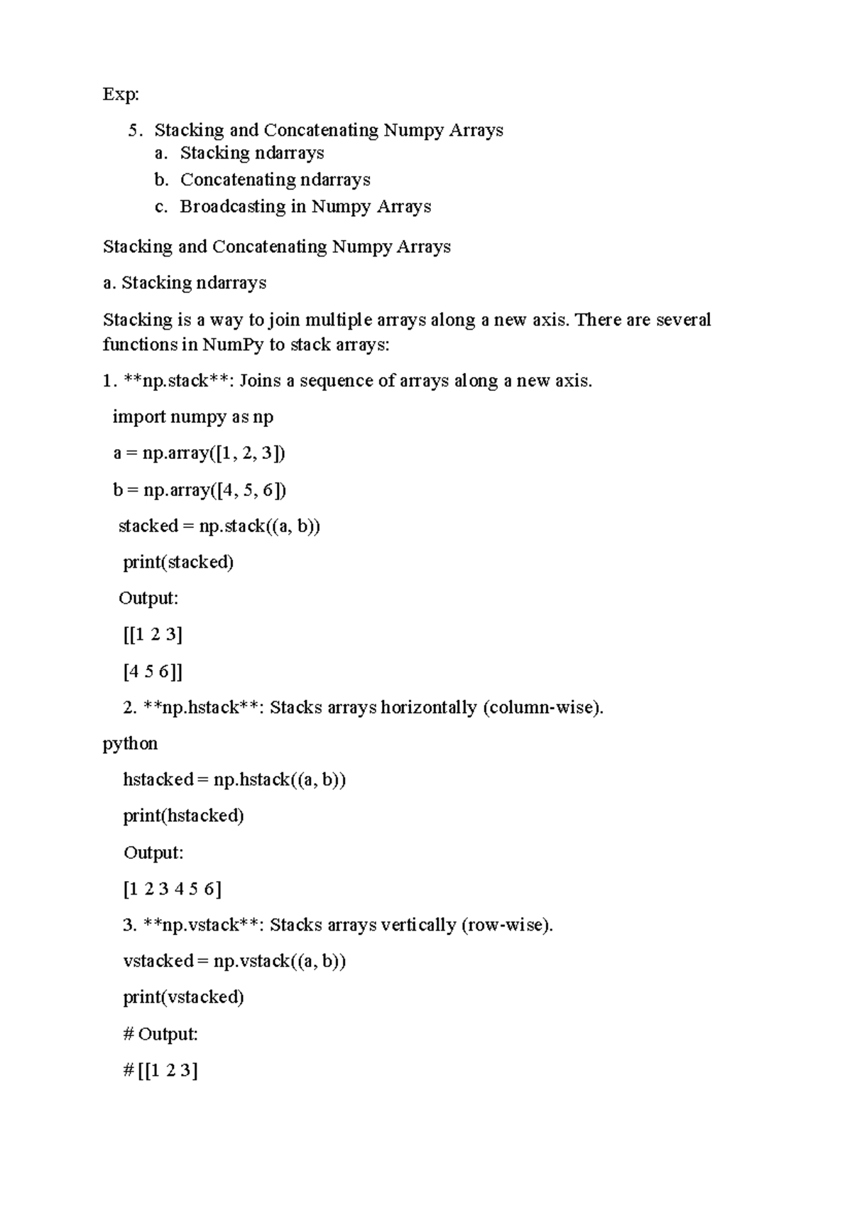 Exp-5-IDS - Data Science Experiment - Exp: 5. Stacking and Concatenating Numpy Arrays a ...