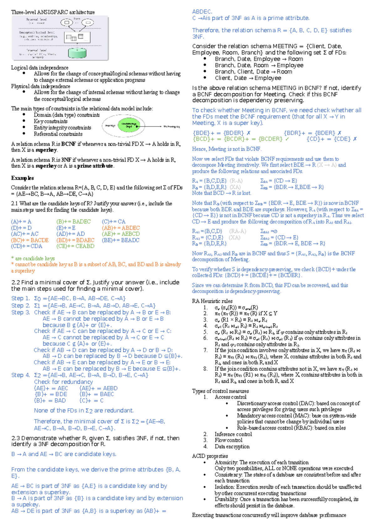 Comp2400 Cheatsheet Summary For Final Exam Three Level Ansisparc Architecture Logical Data 
