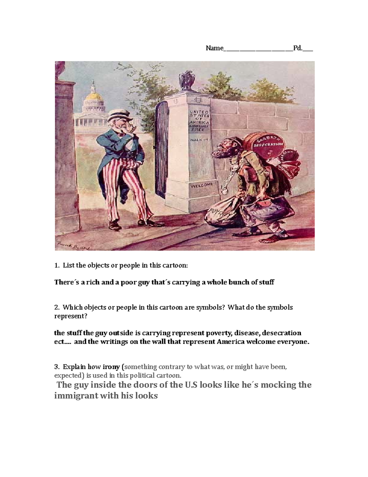 Immigration Pol Cartoon Analysis - Name__________________________Pd ...