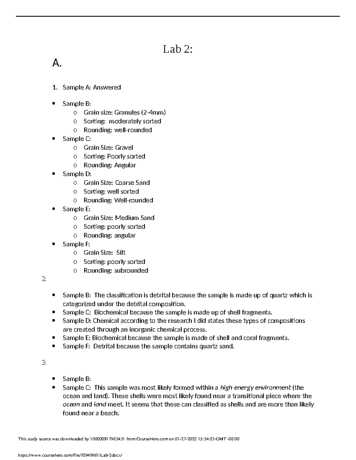Lab 2 - Lab 2 - Lab 2: A. Sample A: Answered Sample B: o Grain size ...