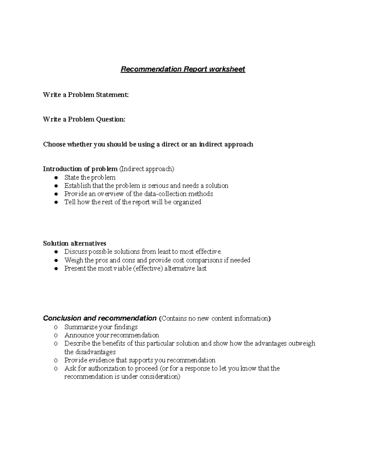 CMNS251 - Recommendation Report worksheet - Recommendation Report ...